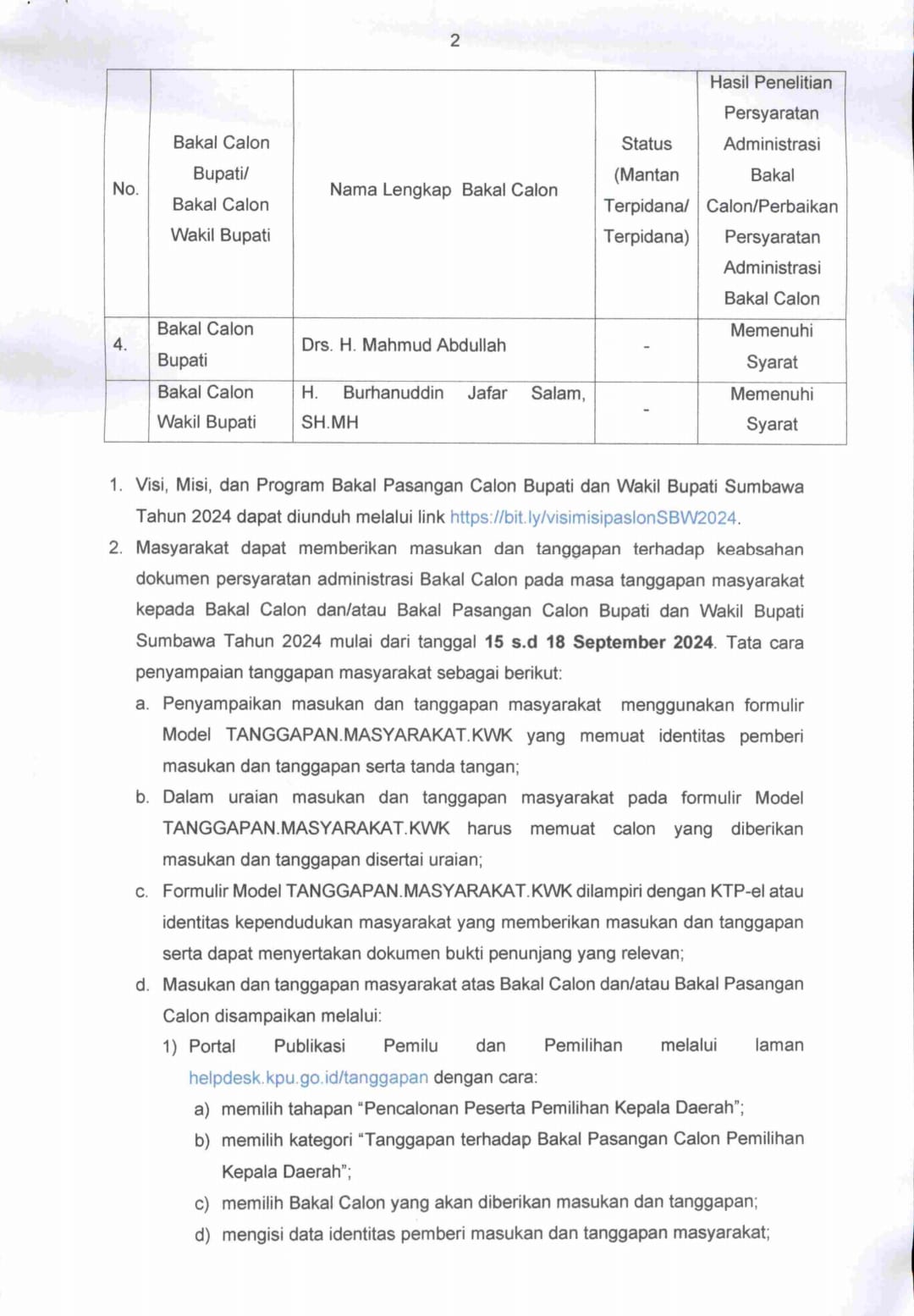 Pengumuman Hasil Penelitian Persyaratan Administrasi Bakal Pasangan
